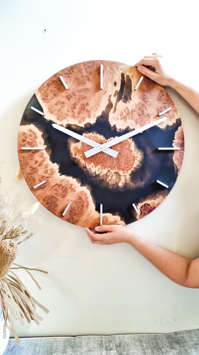 Pre- Order Large Burl and resin clock – River Timber Designs